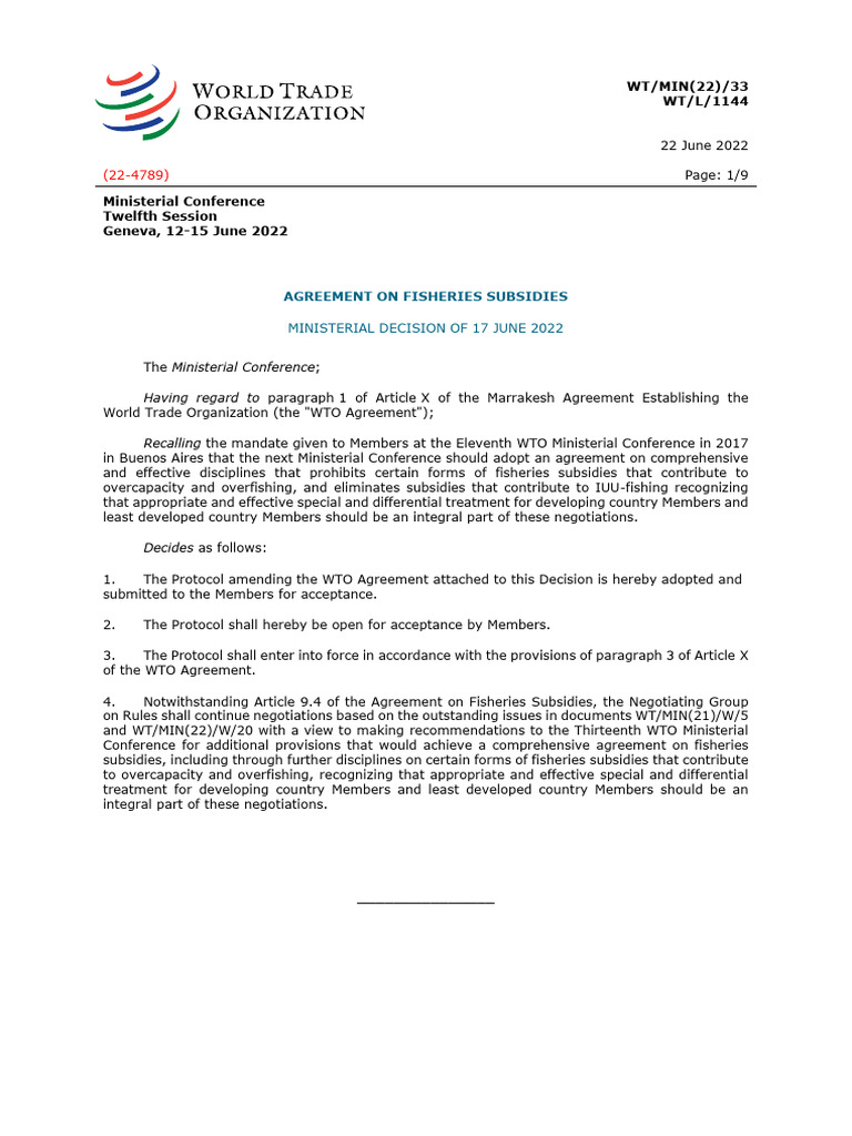 WTO Fisheries Subsidies Agreement 2022 | PDF | World Trade Organization ...