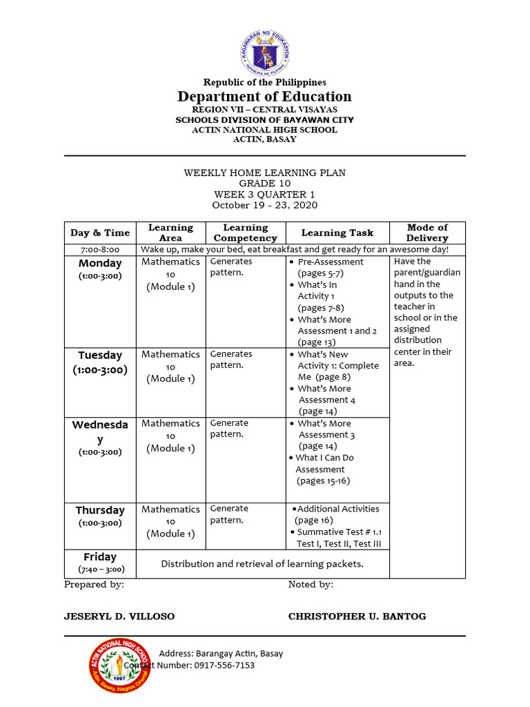 Weekly Home Learning Plan Math 10 Mod 1 | PDF | Learning | Behavior ...