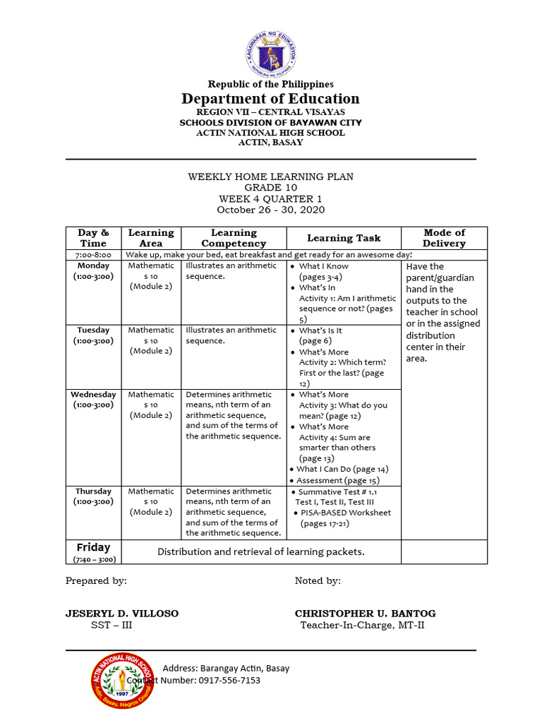 Weekly Home Learning Plan Math 10 Mod 2 Download Free Pdf Mathematics
