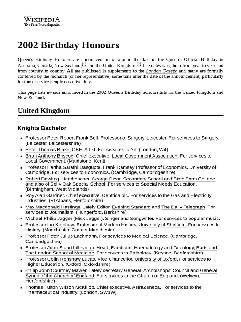 2002 Birthday Honours | PDF | London | England
