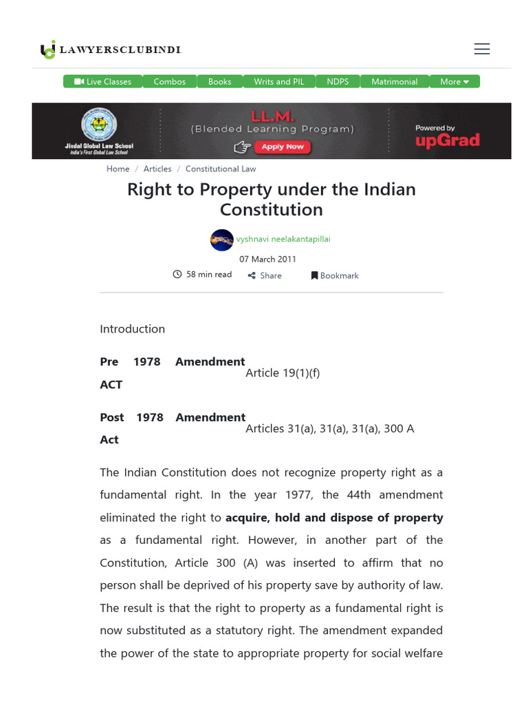 Right To Property Under The Indian Constitution | PDF | Eminent Domain ...