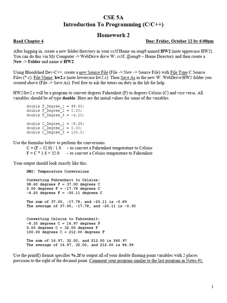 Cse 5A Introduction To Programming (C/C++) Homework 2 | PDF | Fahrenheit | Computer File