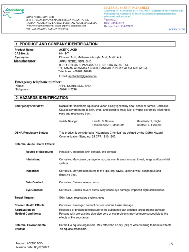 Acetic Acid - SDS | PDF | Water | Combustion