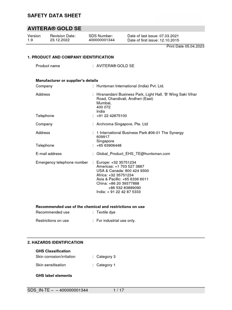 Avitera Gold Se MSDS | PDF | Toxicity | Chemistry