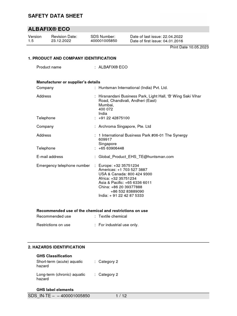 Albafix Eco MSDS | PDF | Toxicity | Solubility