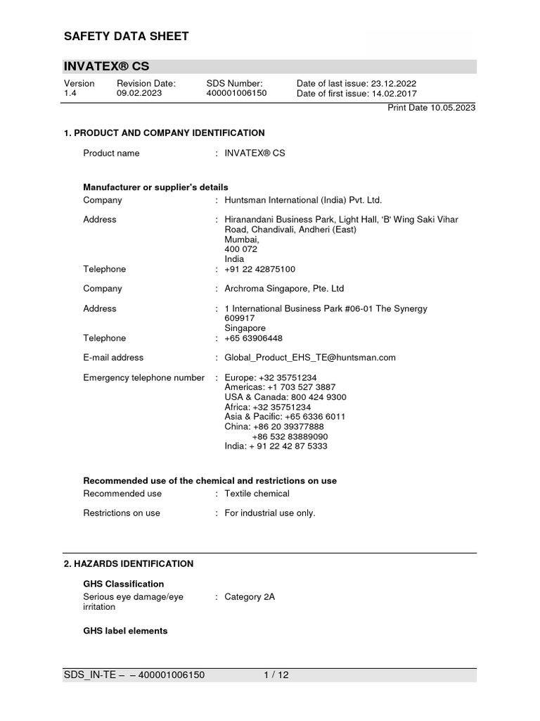 Invatex CS MSDS | PDF | Toxicity | Safety