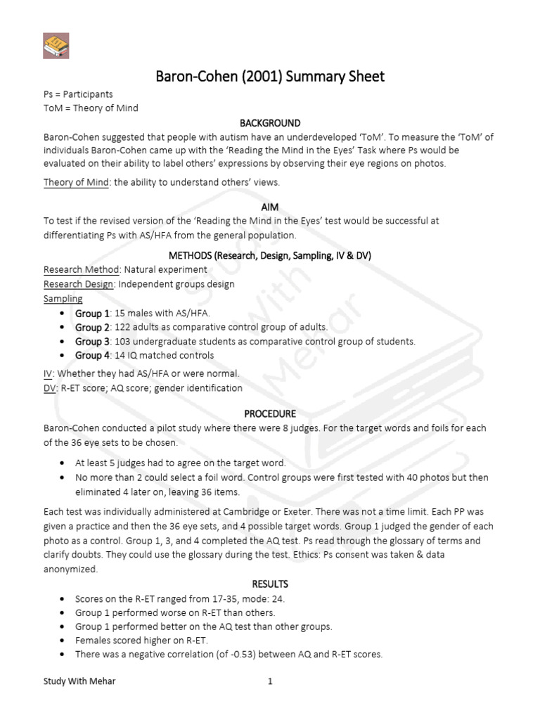 Baron-Cohen (2001) Summary Sheet - Study With Mehar | PDF | Validity ...