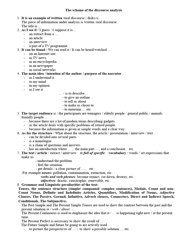 The Scheme Of The Discourse Analysis Pdf Languages Foreign
