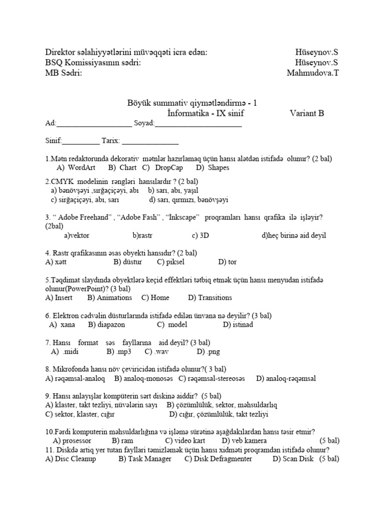 İnformatika IX Sinif Variant B | PDF