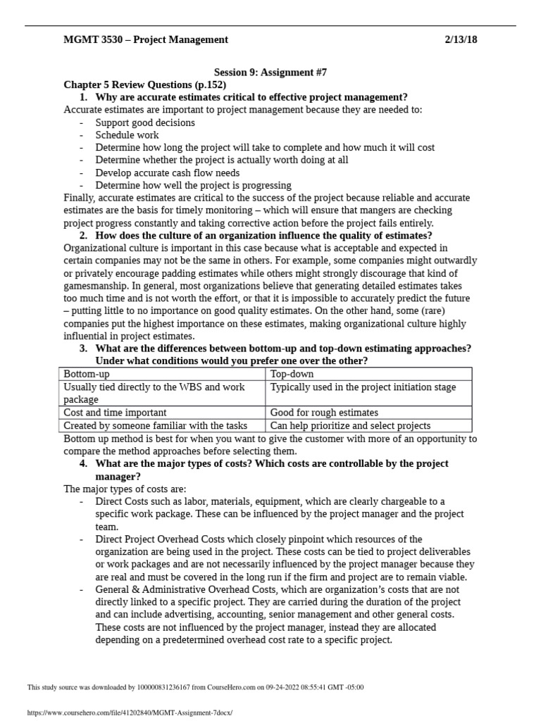 MGMT Assignment 7 | PDF | Project Management | Top Down And Bottom Up Design
