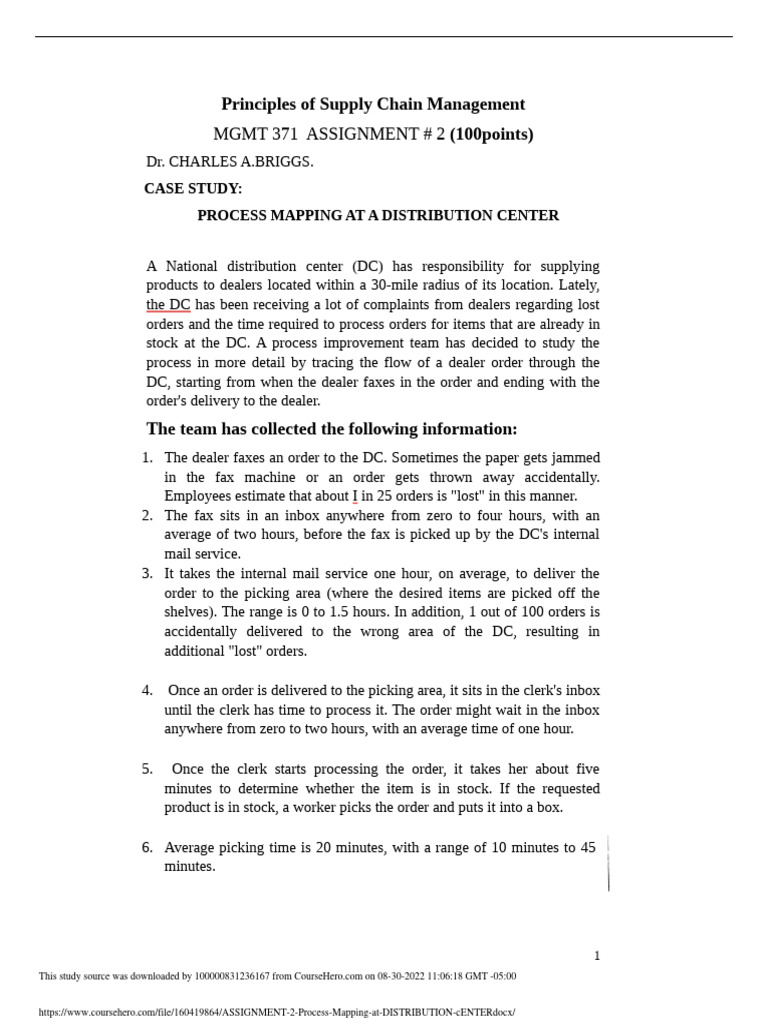 Assignment 2 Process Mapping at Distribution Center | PDF