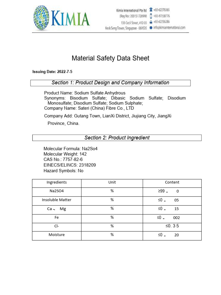 Sodium Sulfate Anhydrous MSDS Overview | PDF | Sodium | Chemistry