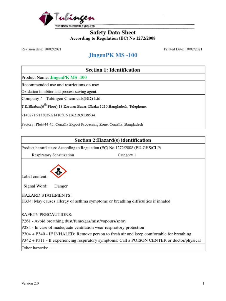 Jingen PK MS-100 MSDS Updated | PDF | Firefighting | Toxicity