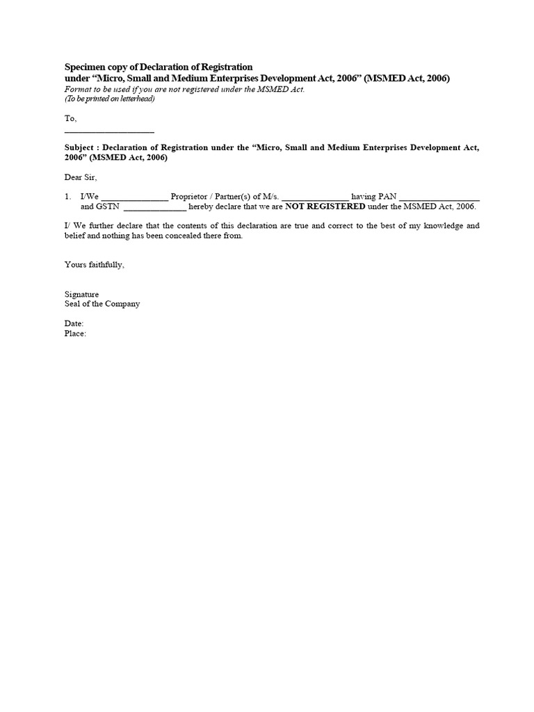 MSMED Act Registration Declaration Template | PDF