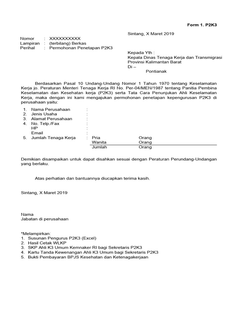 1 - Templat Pengajuan SK P2K3 | PDF
