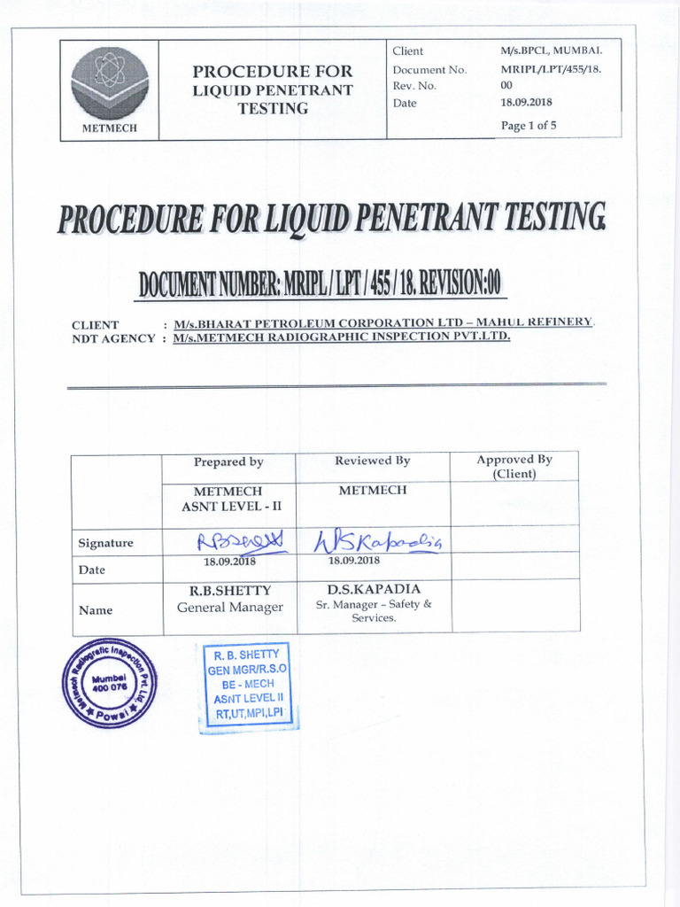 BPCL - LPT - Proc | PDF | Nondestructive Testing | Mechanical Engineering