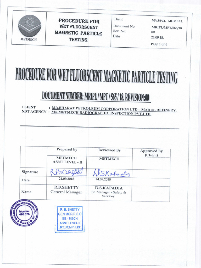 Magnetic Particle Testing Procedure | PDF | Technology & Engineering