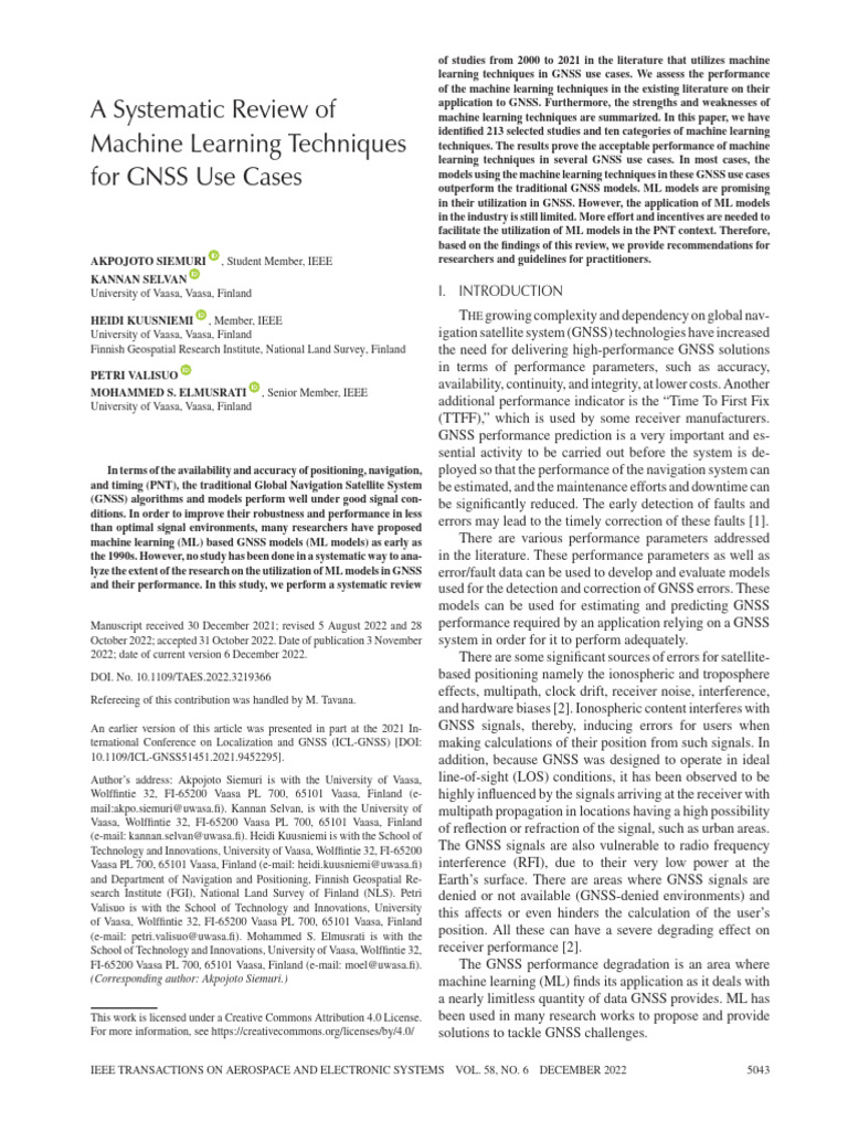 A Systematic Review of Machine Learning Techniques For GNSS Use Cases | PDF | Machine Learning ...