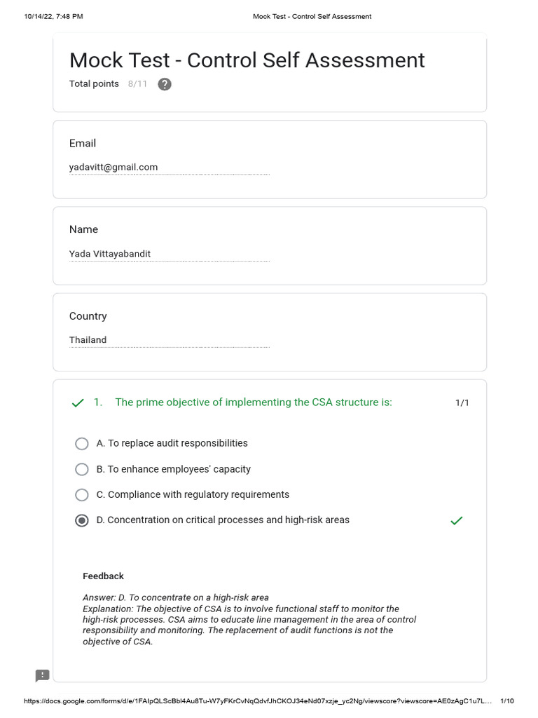 Mock Test - Control Self Assessment | PDF | Audit | Risk