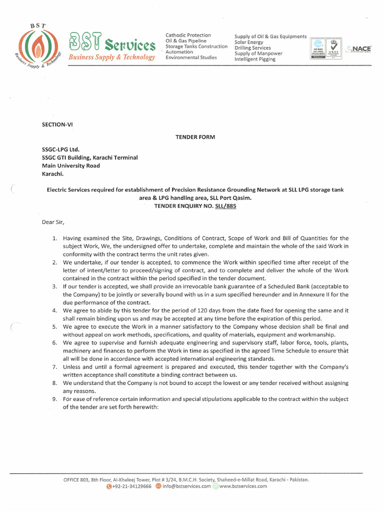 SSGC LPG Electrical Commercial Tender File | PDF