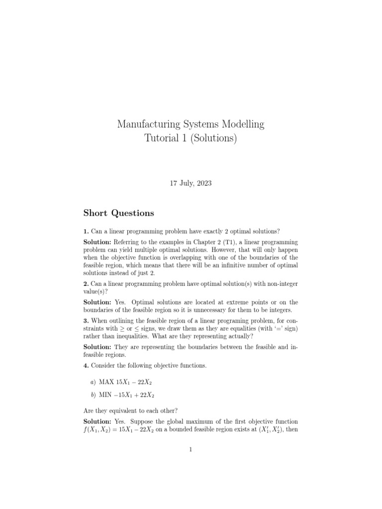 Tutorial Solutions 1 | PDF | Linear Programming | Mathematical Optimization