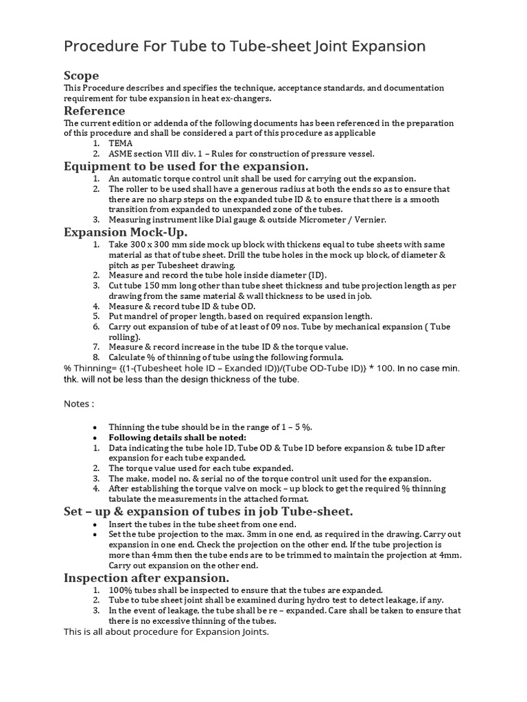 Tube Expanding Procedure | PDF | Pipe (Fluid Conveyance) | Sheet Metal