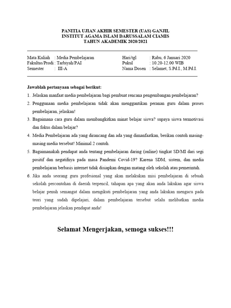 Soal Uas Ganjil Pai Media Pembelajaran 3a 2020-2021 Ganjil | PDF | Ilmu ...