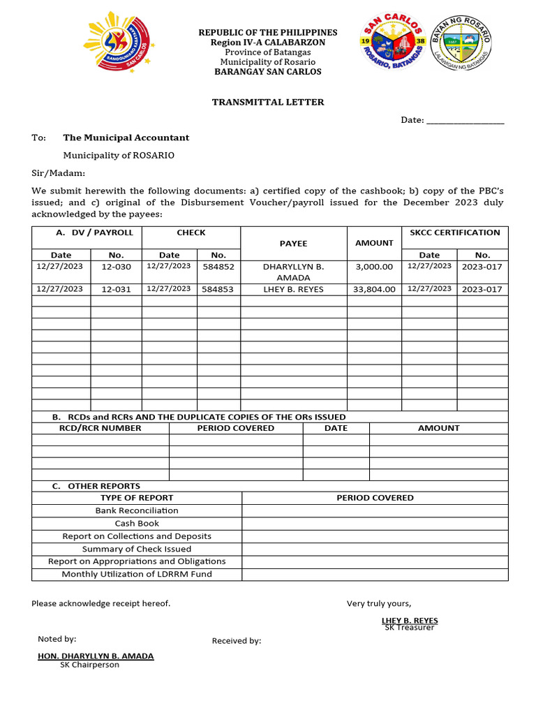 Barangay Transmittal Letter Sample | PDF