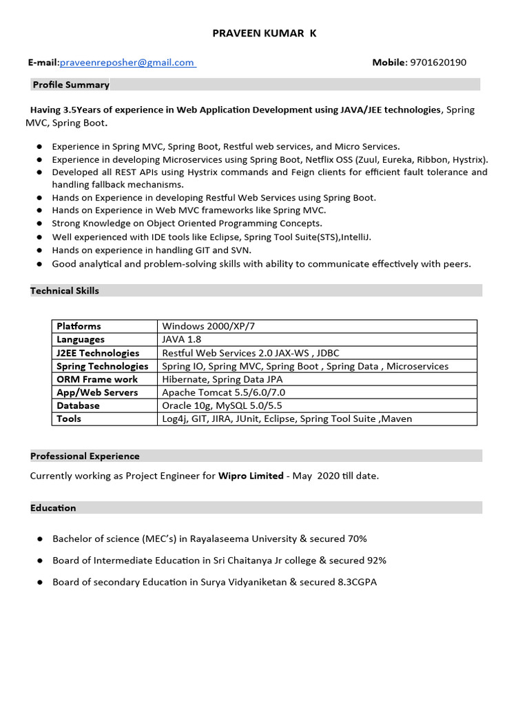 Praveen_updated Resume-1 | PDF | Spring Framework | Computer Engineering
