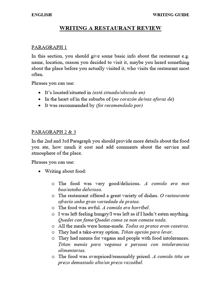 Writing A Restaurant Review | PDF | Nutrition | Diet & Nutrition