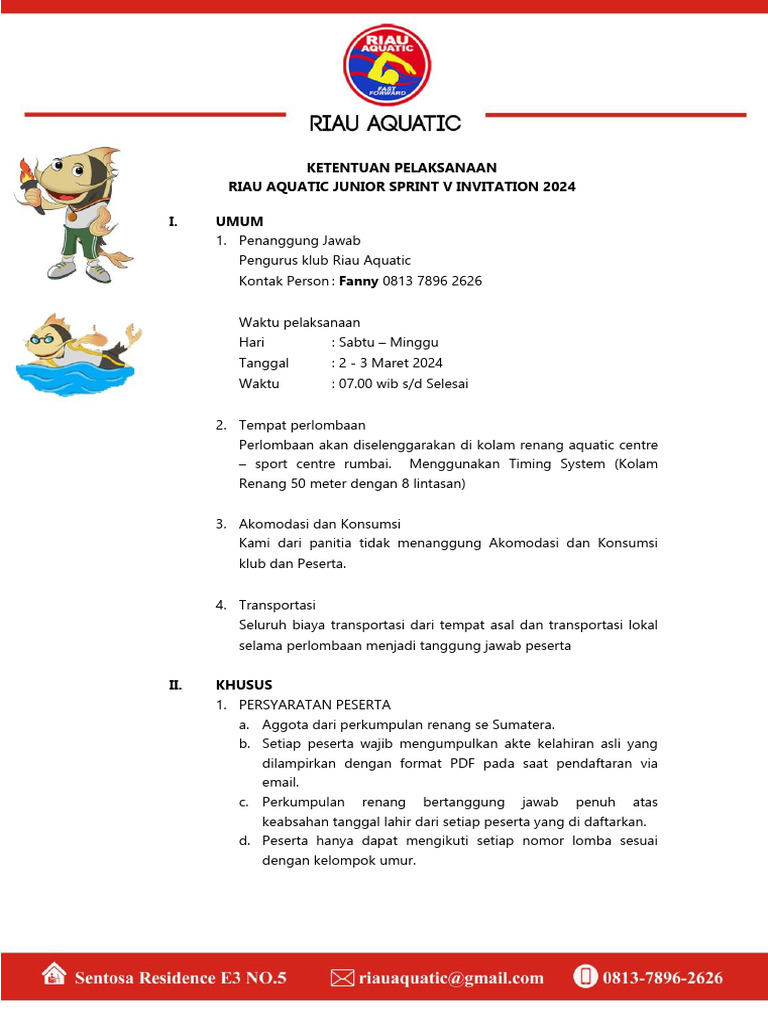 Ketentuan Perlombaan Riau Aquatic Junior Sprint V Invitation 2024 | PDF