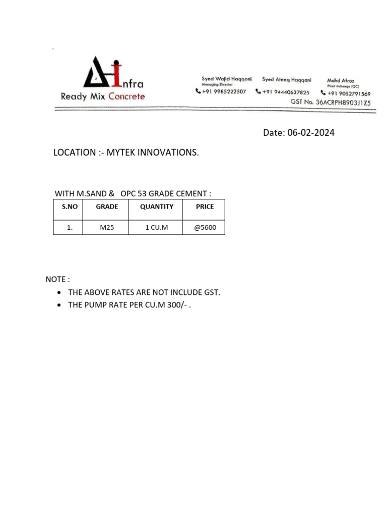 3.quotation of Mytek Innovations Ahil Infra Ready Mix Concrete. | PDF