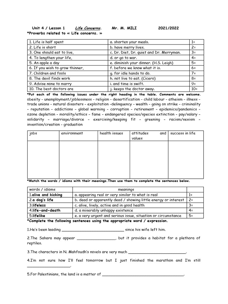 Unit 4 Lesson 1 Life Concerns 2021-2022 | PDF | Self-Improvement | Wellness