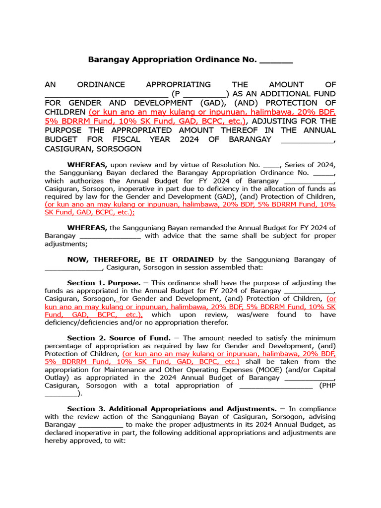 Sample Barangay Appro Ord - Adjusting Fund Allocation | PDF | Justice | Crime & Violence