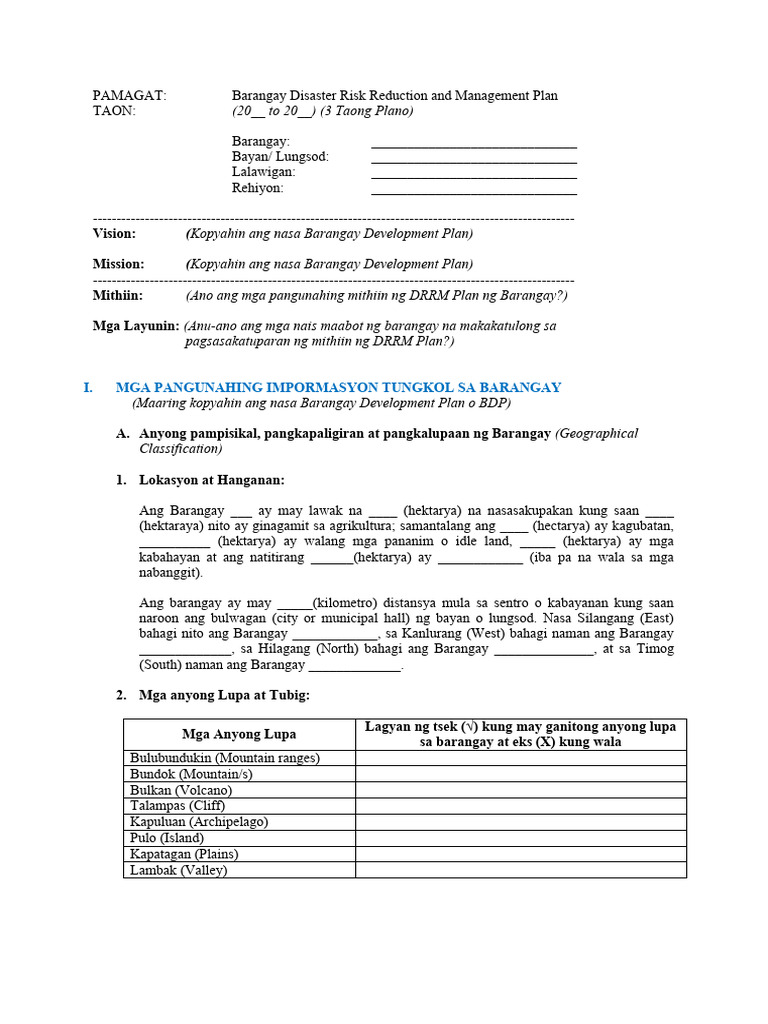 BDRRM Plan Template Filipino WS | PDF