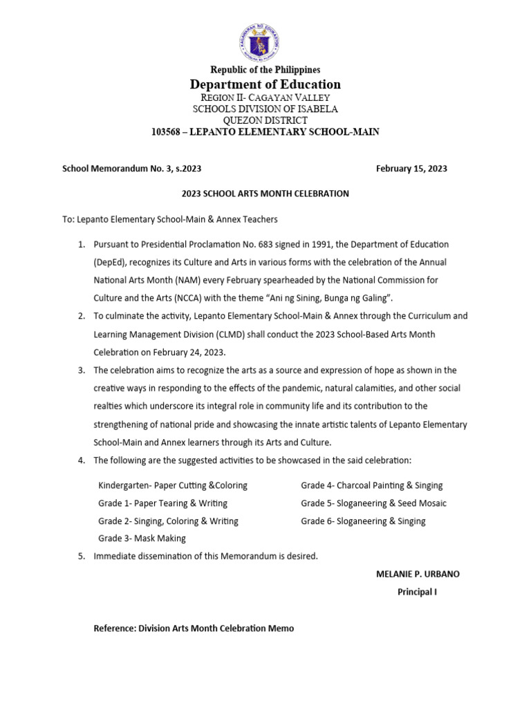 Arts Month Celebration Memo | PDF | Philippines