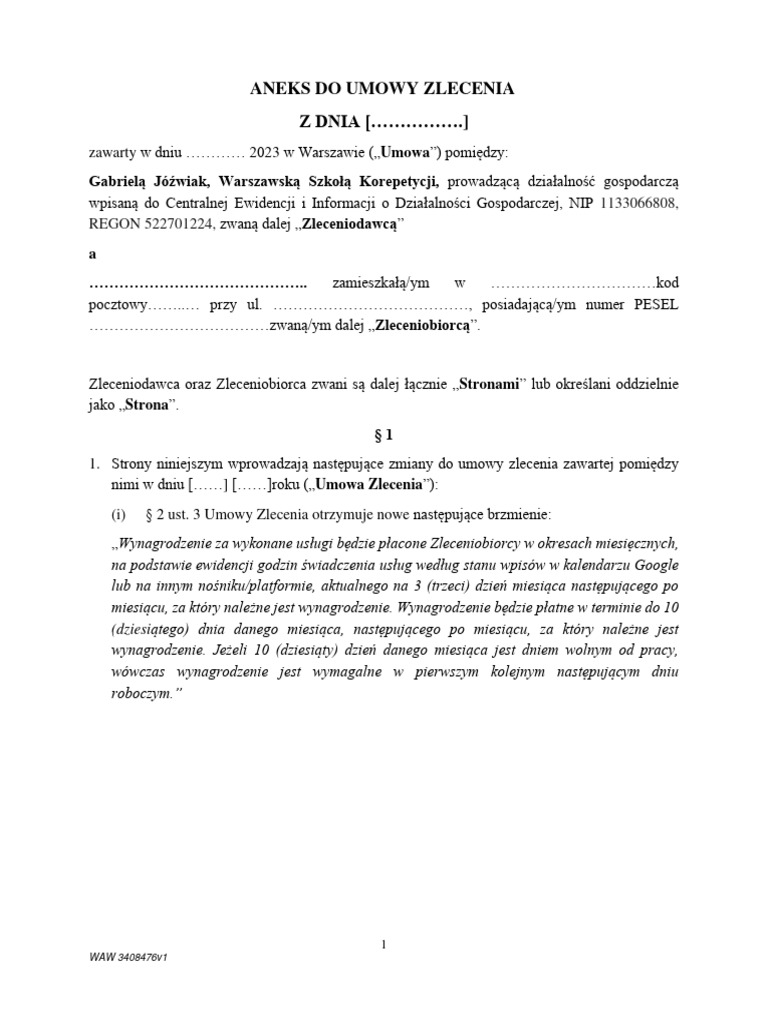 Aneks Do Umowy Zlecenia Z DNIA ( .) | PDF