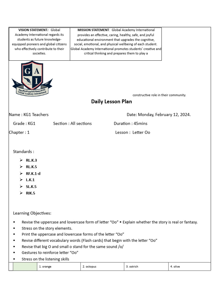 KG1 Lesson Plan: Letter Oo Activities | PDF | Learning | Cognition