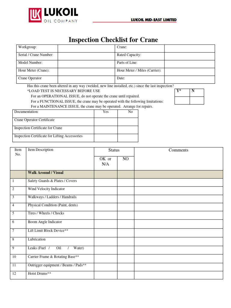 1 - Inspection Checklist For Crane | PDF | Crane (Machine ...