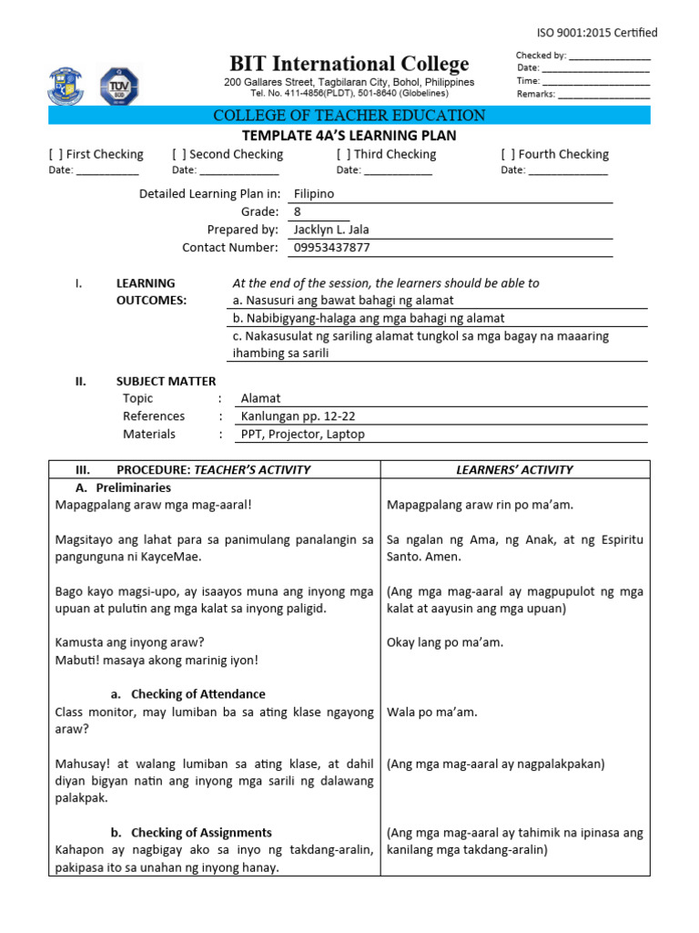 ALAMAT LESSON PLAN -JALA_054507 | PDF