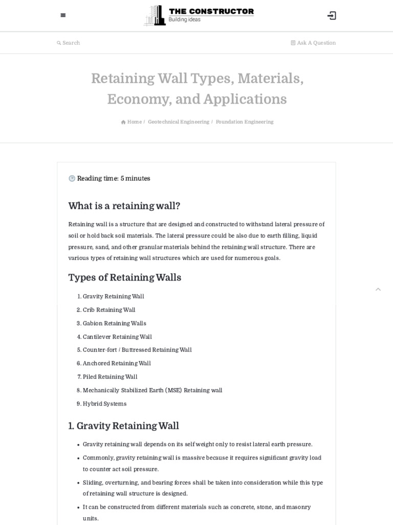 Retaining Wall Types, Materials, Economy, and Applications | PDF | Deep ...