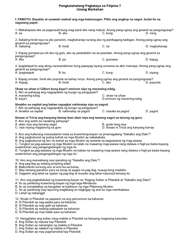 Summative Test Grade 7 Filipino | PDF