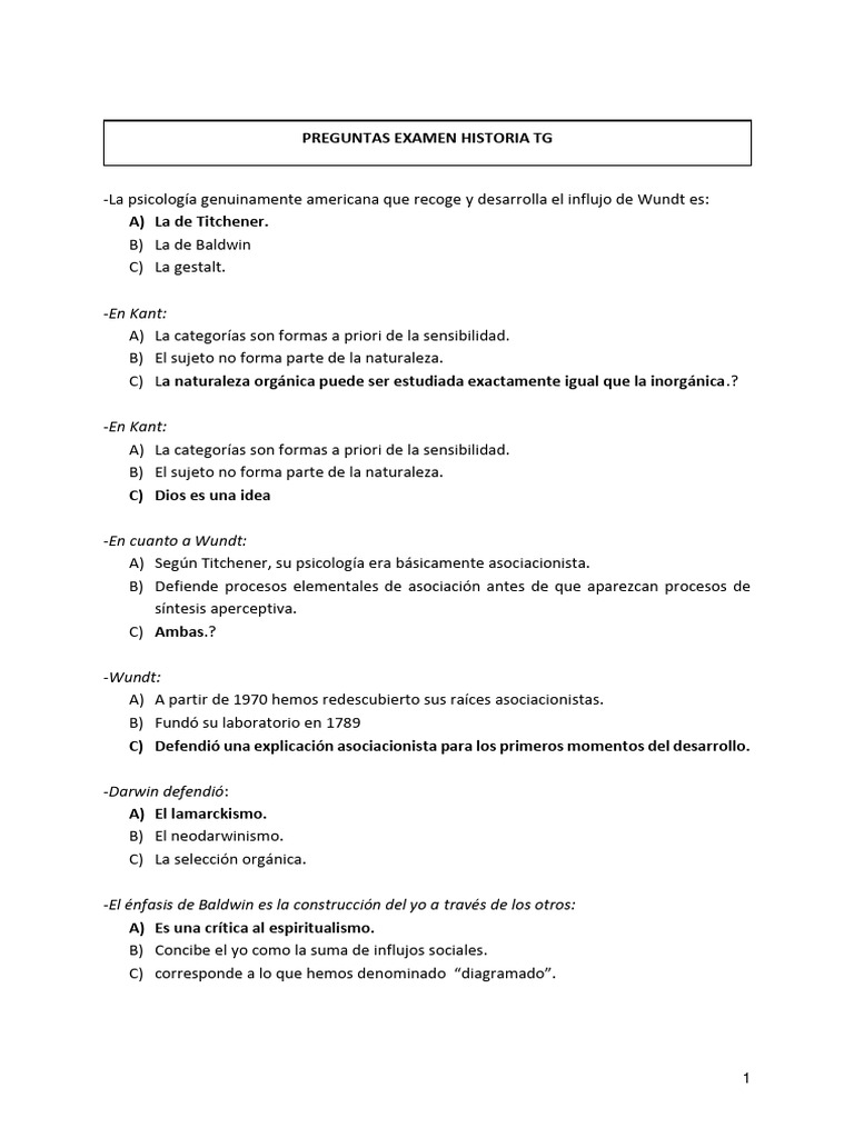 Preguntas Examen Historia TG | PDF | Sicología | Evolución
