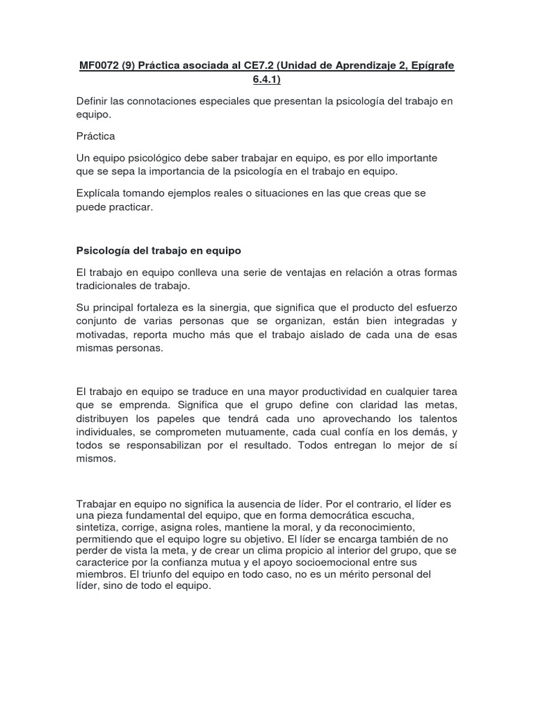 MF0072 (9) Práctica Asociada Al CE7.2 (Unidad de Aprendizaje 2, Epígrafe 6.4.1) | PDF | Sicología