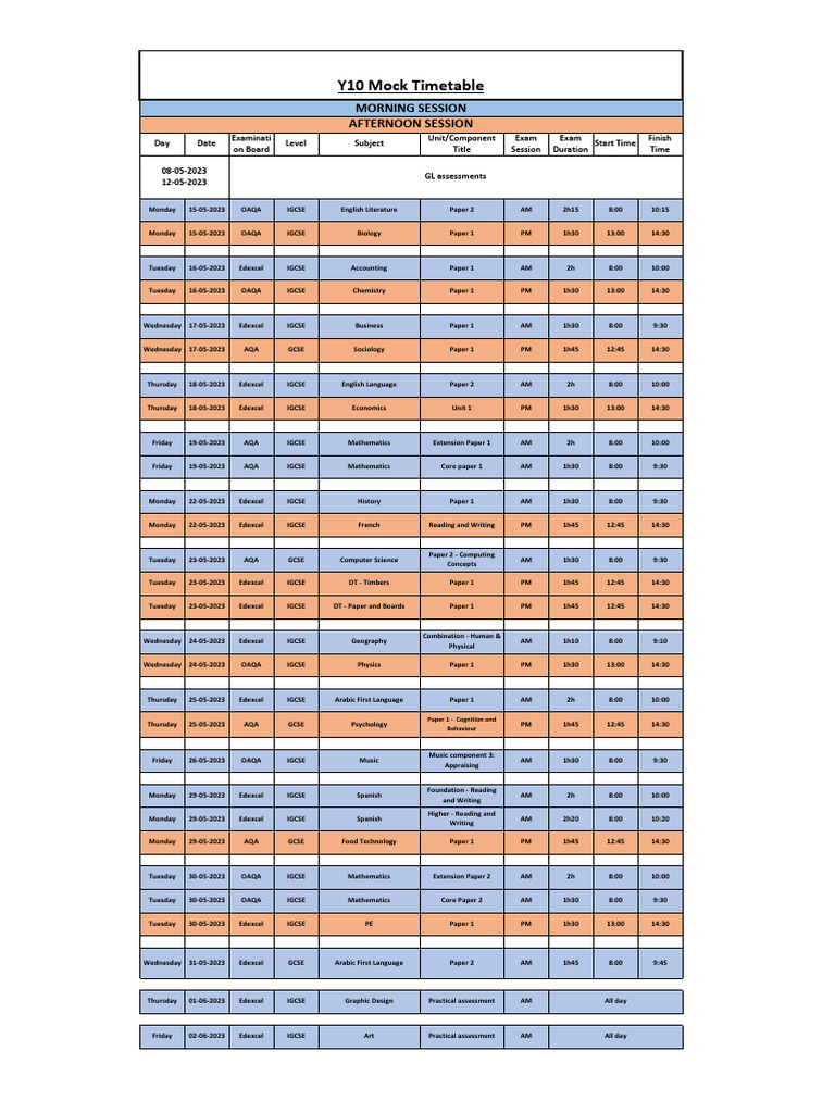 Mock Timetable 2023 | PDF | Educational Assessment And Evaluation | Vocational Education