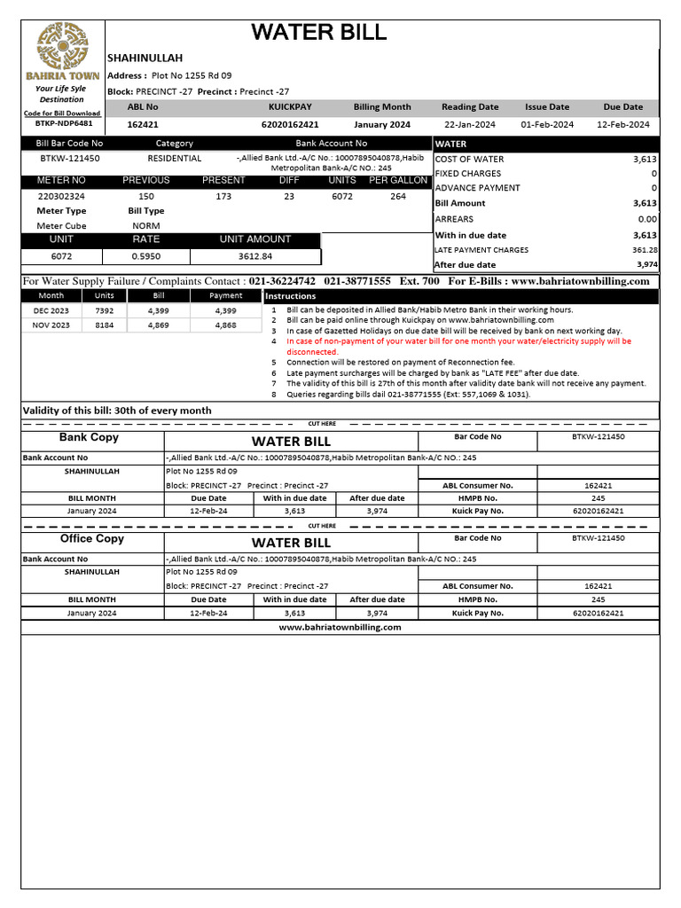 Water - Bill - BTKP NDP6481 - 2024 06 2 15 42 11 | PDF | Fee | Business