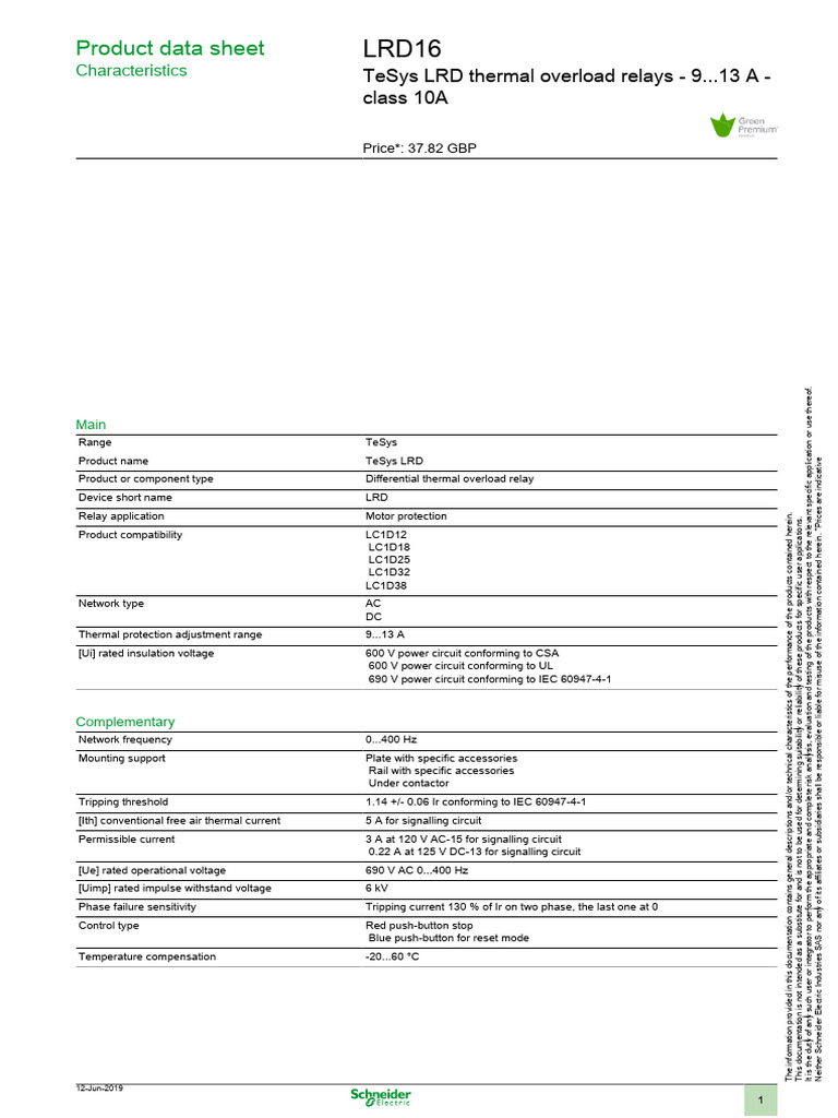 LRD16 Thermal Overload Relay Data Sheet | PDF | Relay | Electrical Network