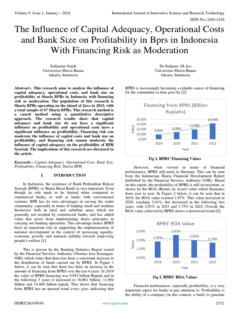 The Influence of Capital Adequacy, Operational Costs and Bank Size On Profitability in Bprs in ...