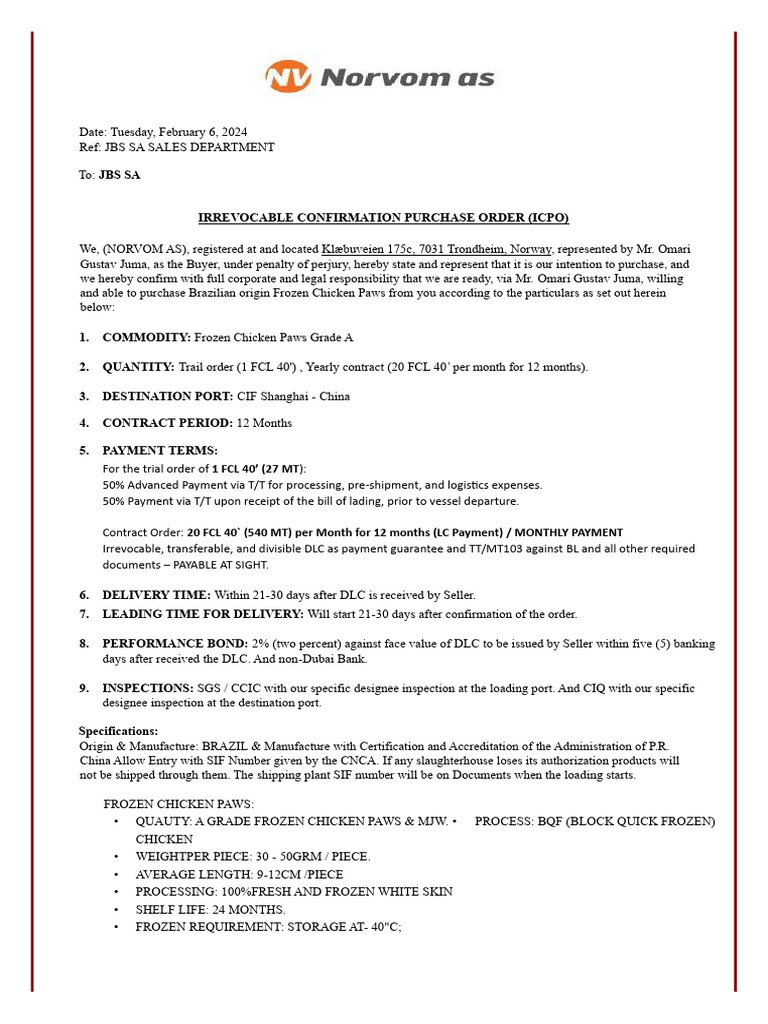 ICPO-Chicken-Paws. - JBS SA - Norvom AS | PDF | Business | Economies