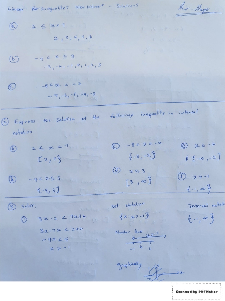 Linear Inequalities Worksheet Solutions | PDF